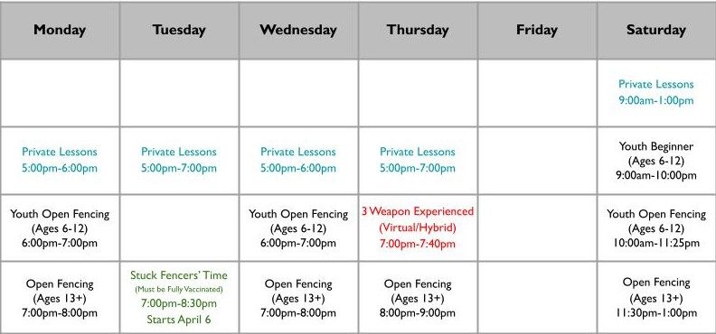 Class schedule | Houston Sword Sports